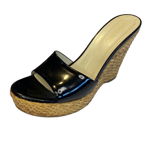 Prada | Shoes | Prada Patent Leather Platform Woven Wedge Slides Eu 37 ...